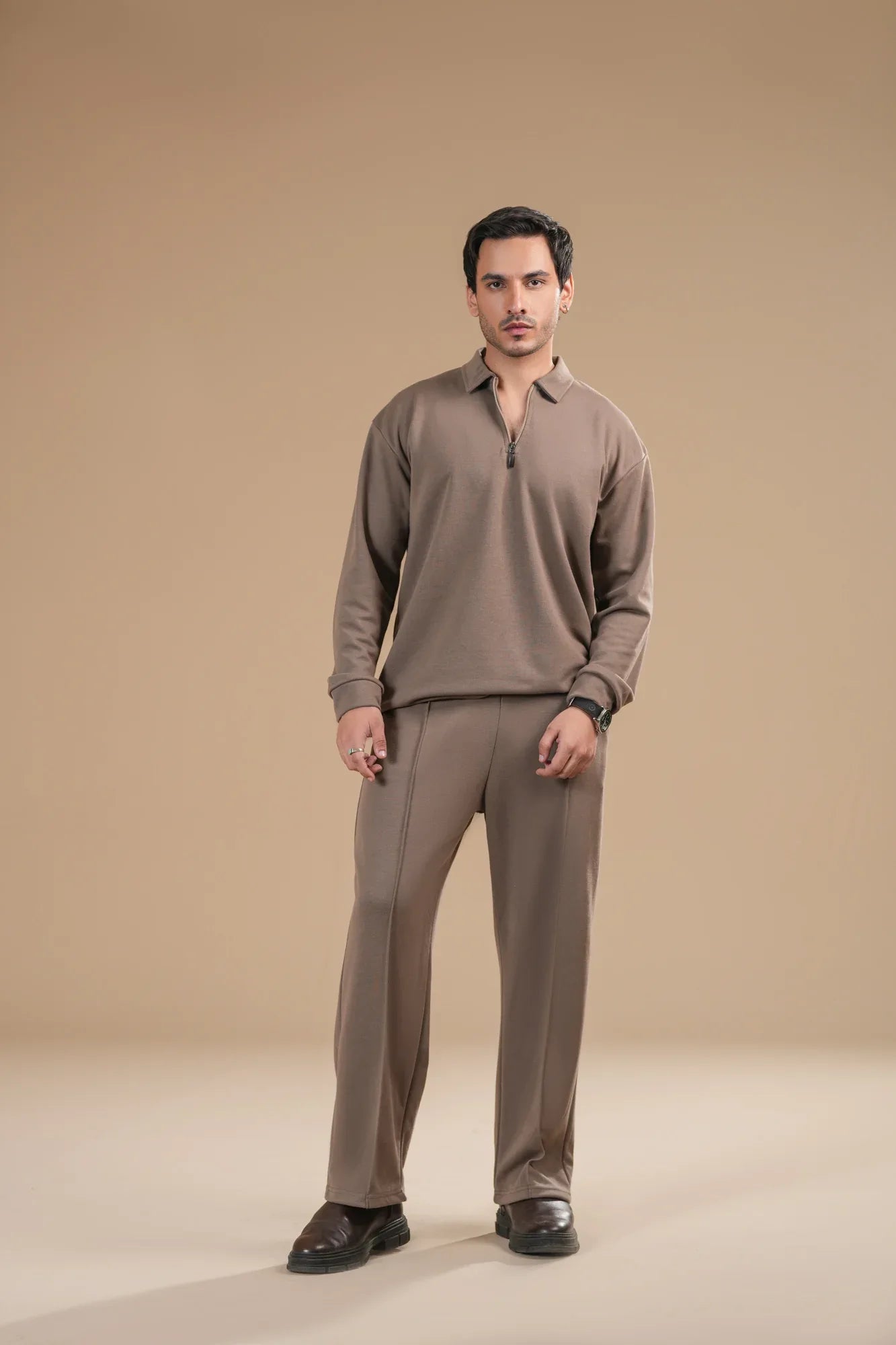 French Beige Interlock Hoodie Trouser Set – Men | Muraqsh