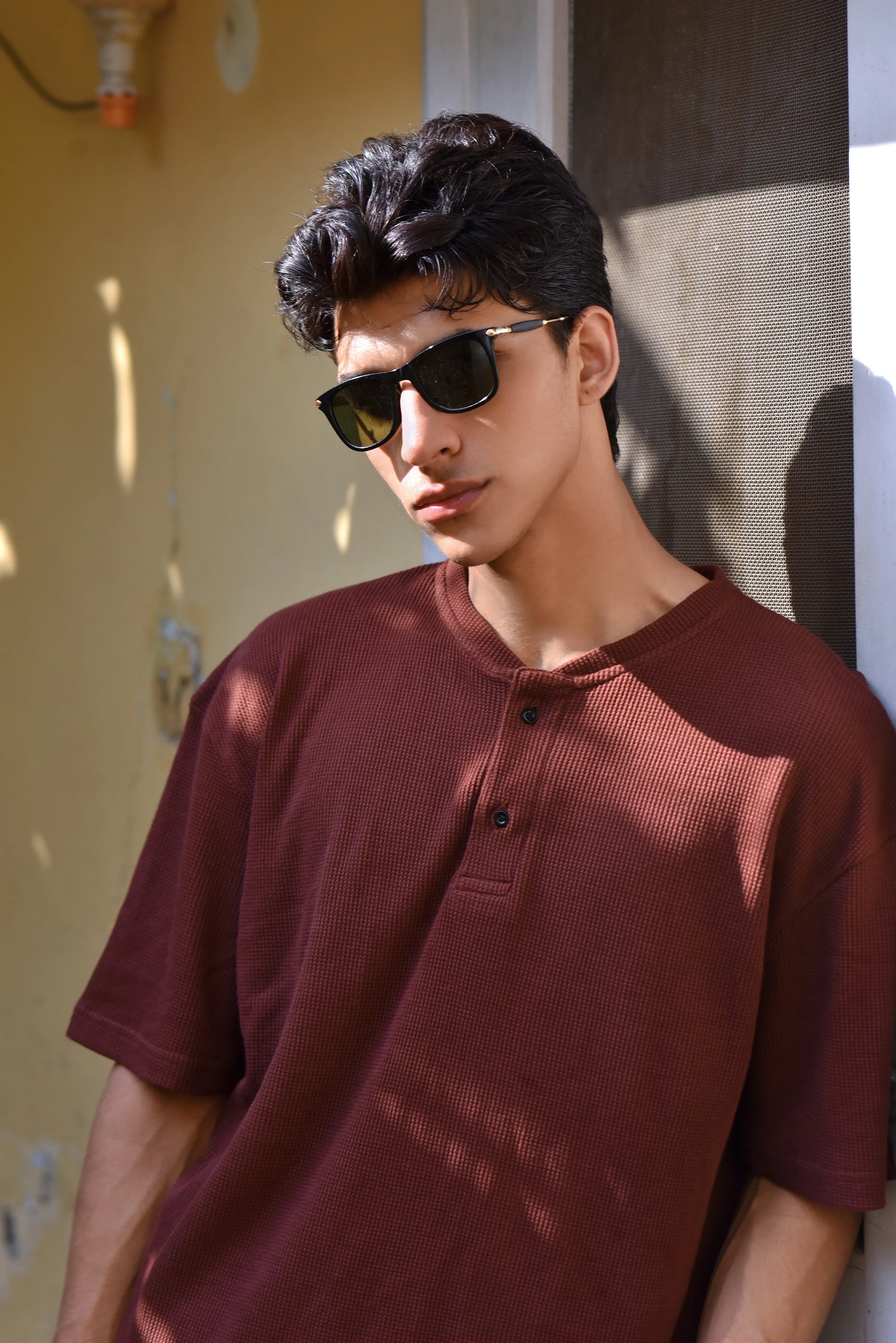Dark Amber Waffle Oversized Henley For Men | Summer Henley Shirt