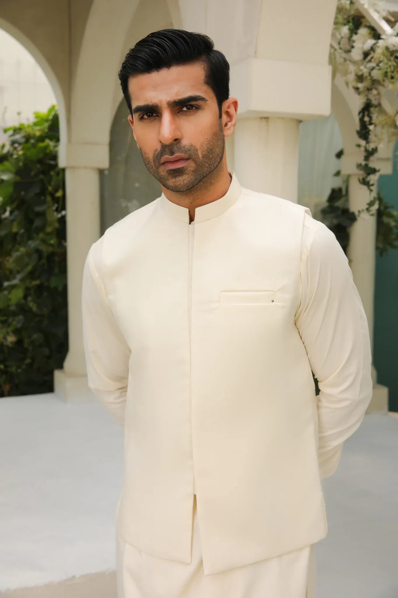 Bosky White Shalwar Kameez with Waistcoat - Worldwide Shipping – Muraqsh