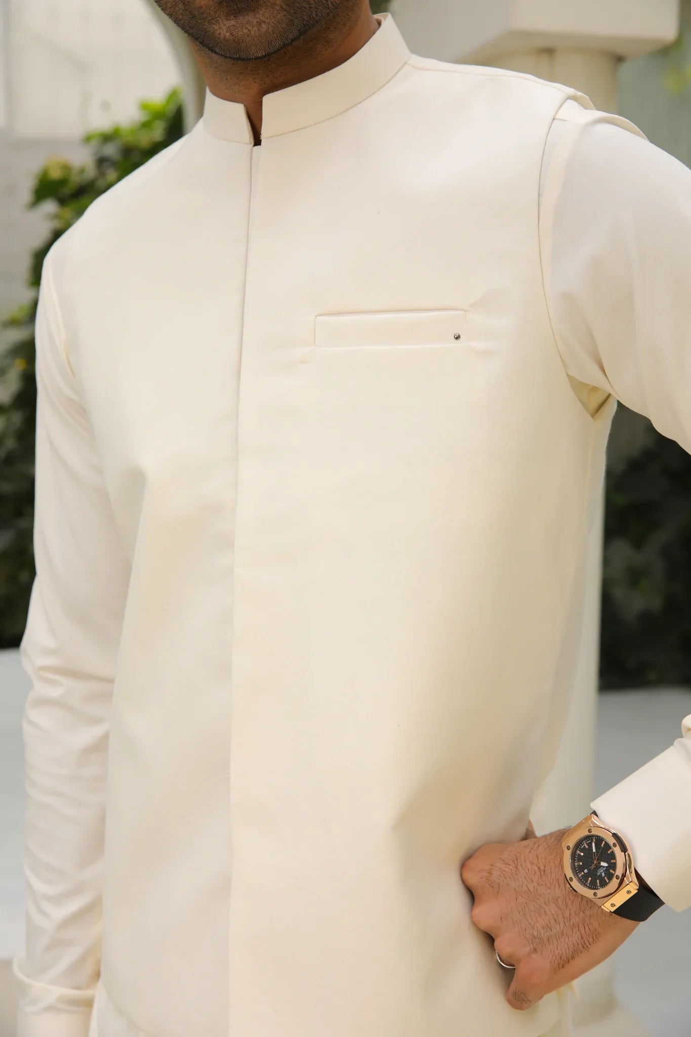 Bosky White Shalwar Kameez with Waistcoat - Worldwide Shipping – Muraqsh