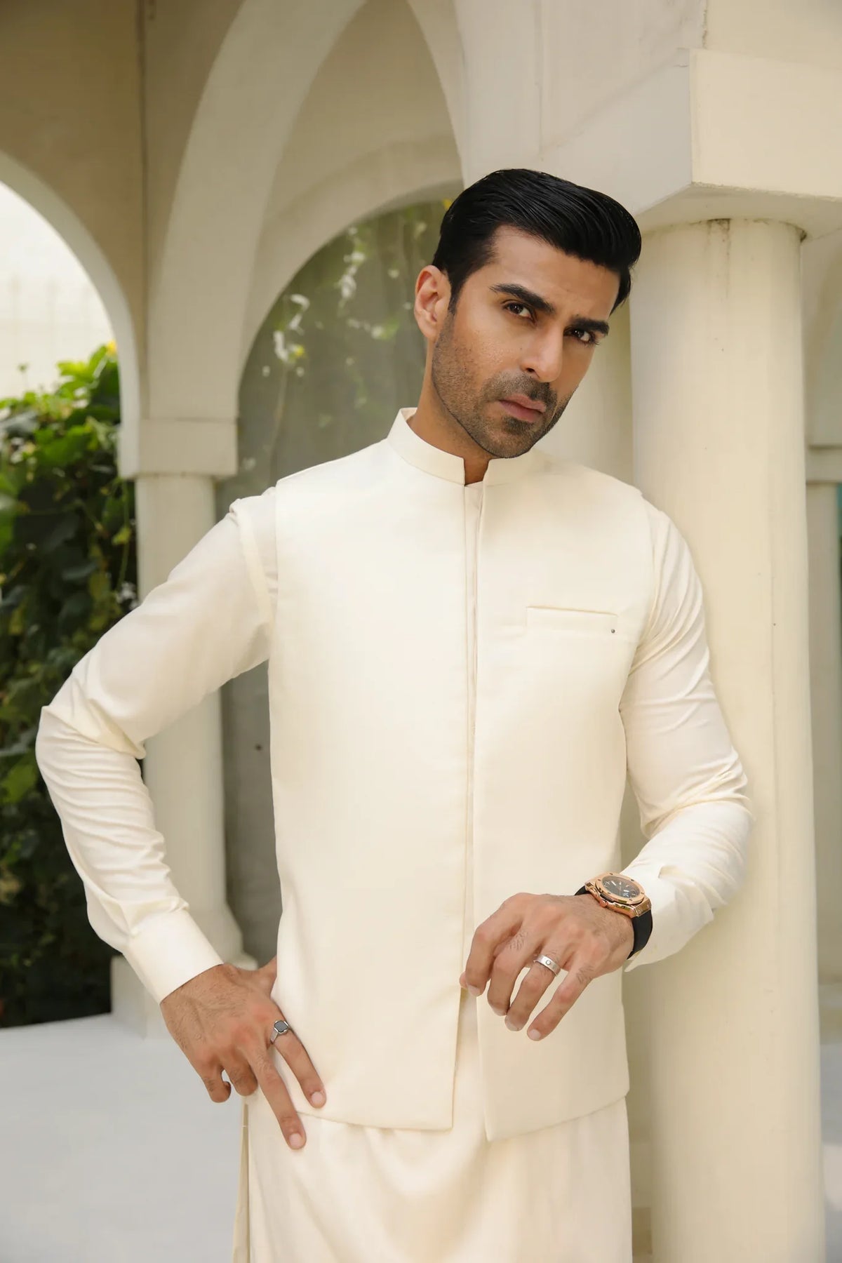 Bosky White Shalwar Kameez with Waistcoat - Worldwide Shipping