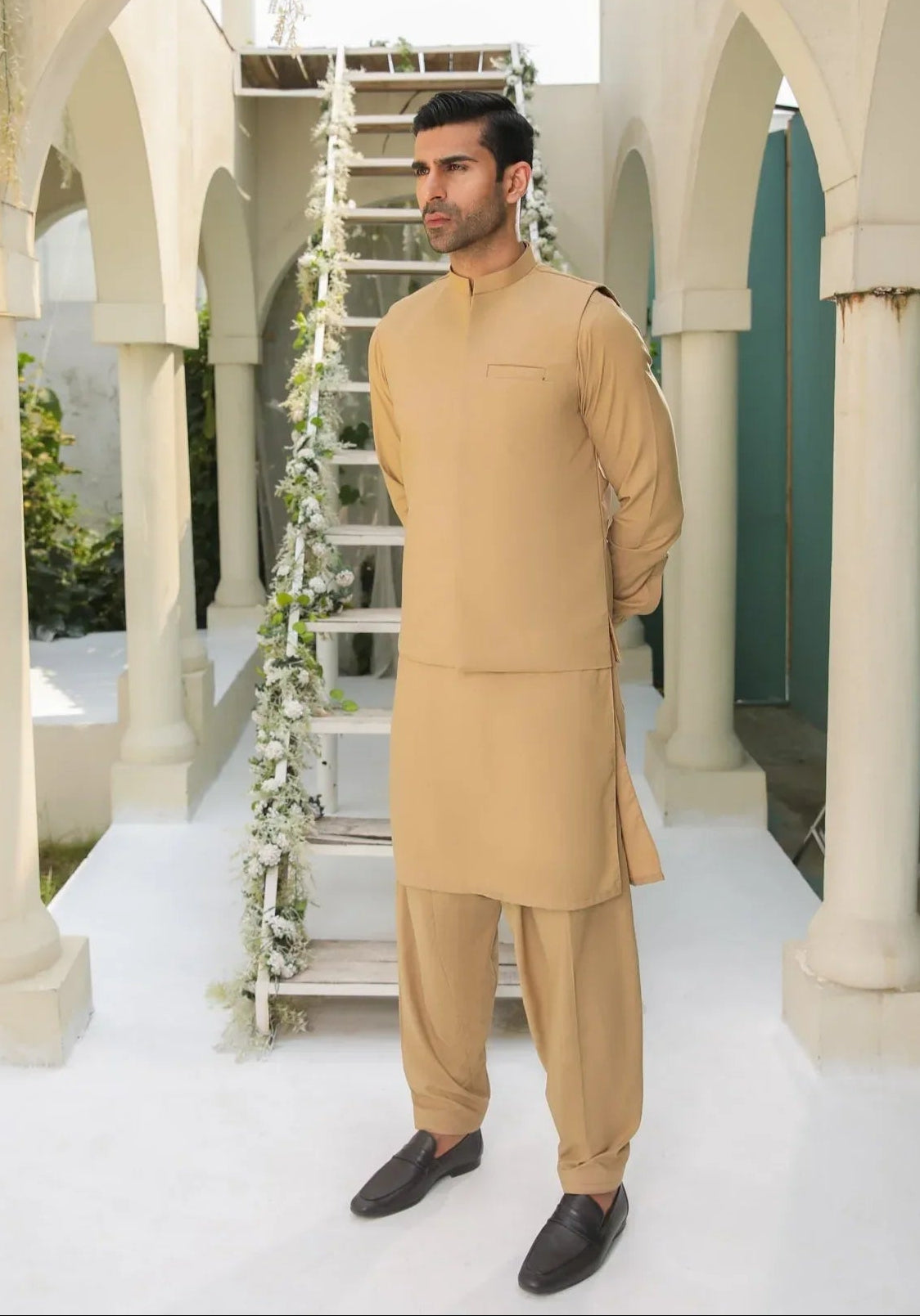 Camel Shalwar Kameez with Waistcoat - Worldwide Shipping