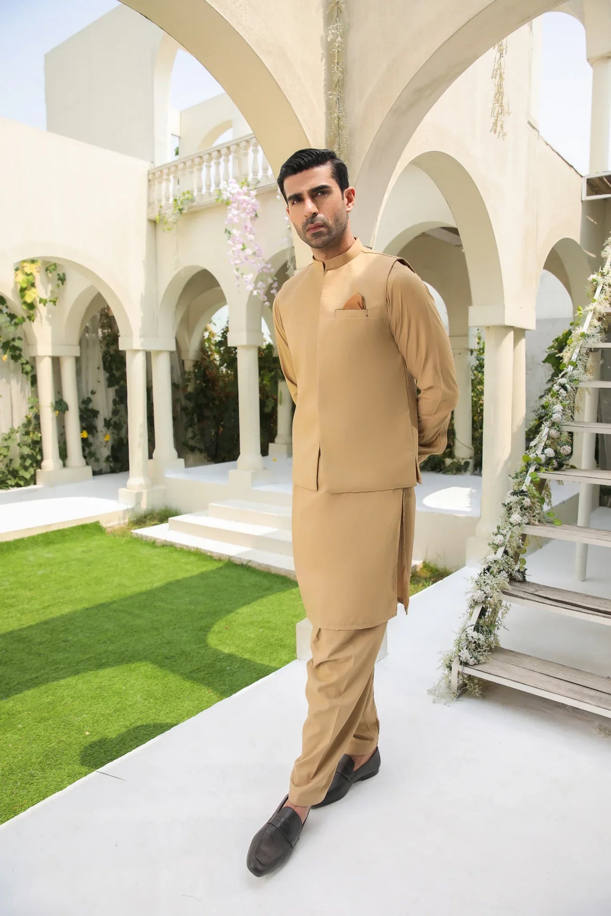 Camel Shalwar Kameez with Waistcoat - Worldwide Shipping