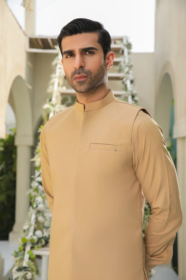 Camel Shalwar Kameez with Waistcoat - Worldwide Shipping