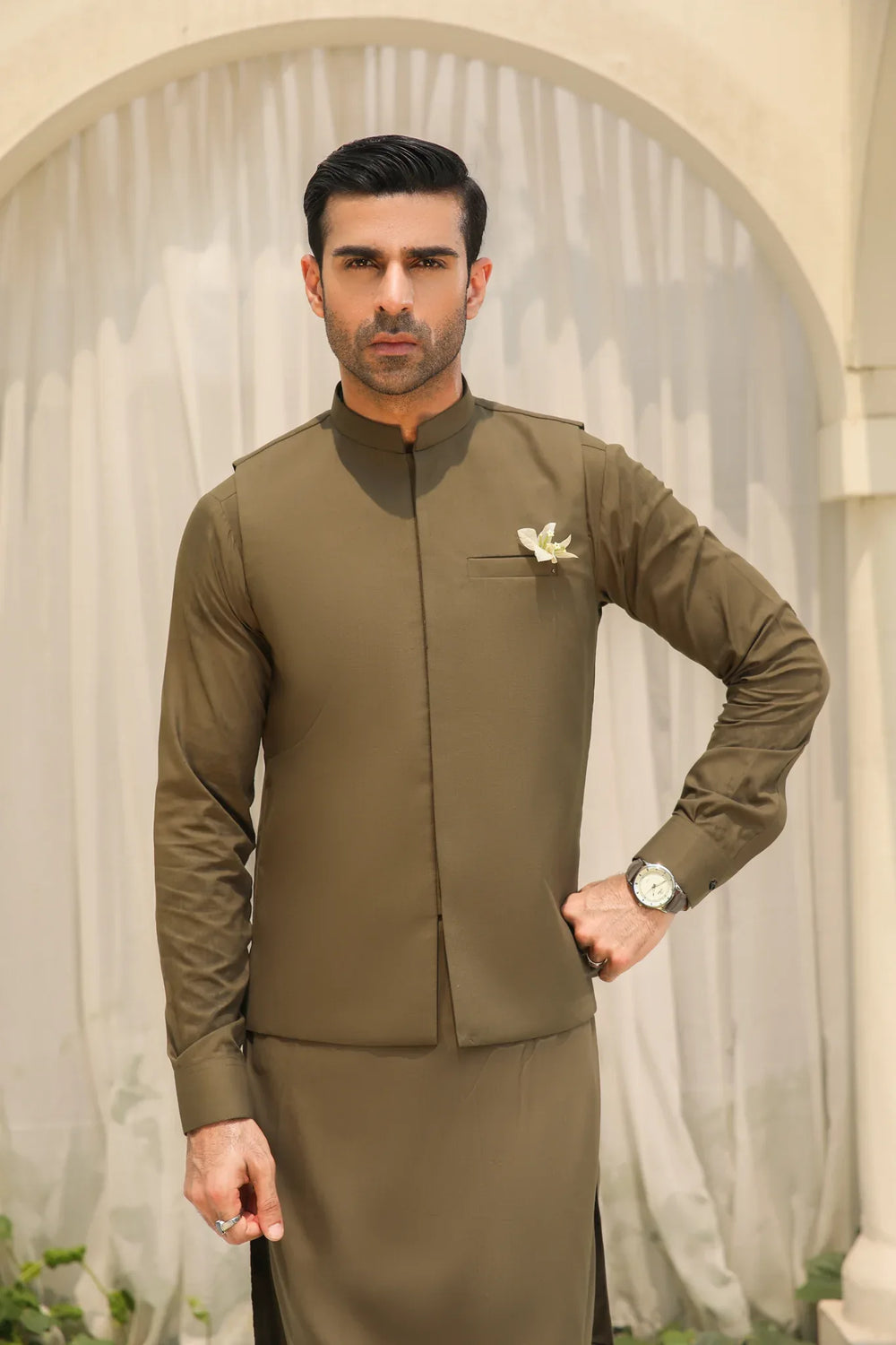 Green Shalwar Kameez with Waistcoat - Worldwide Shipping